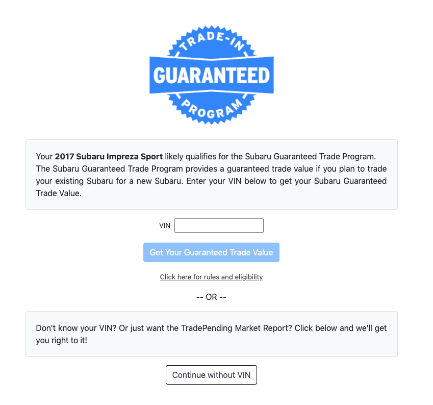 Subaru Guaranteed Trade Program Setup